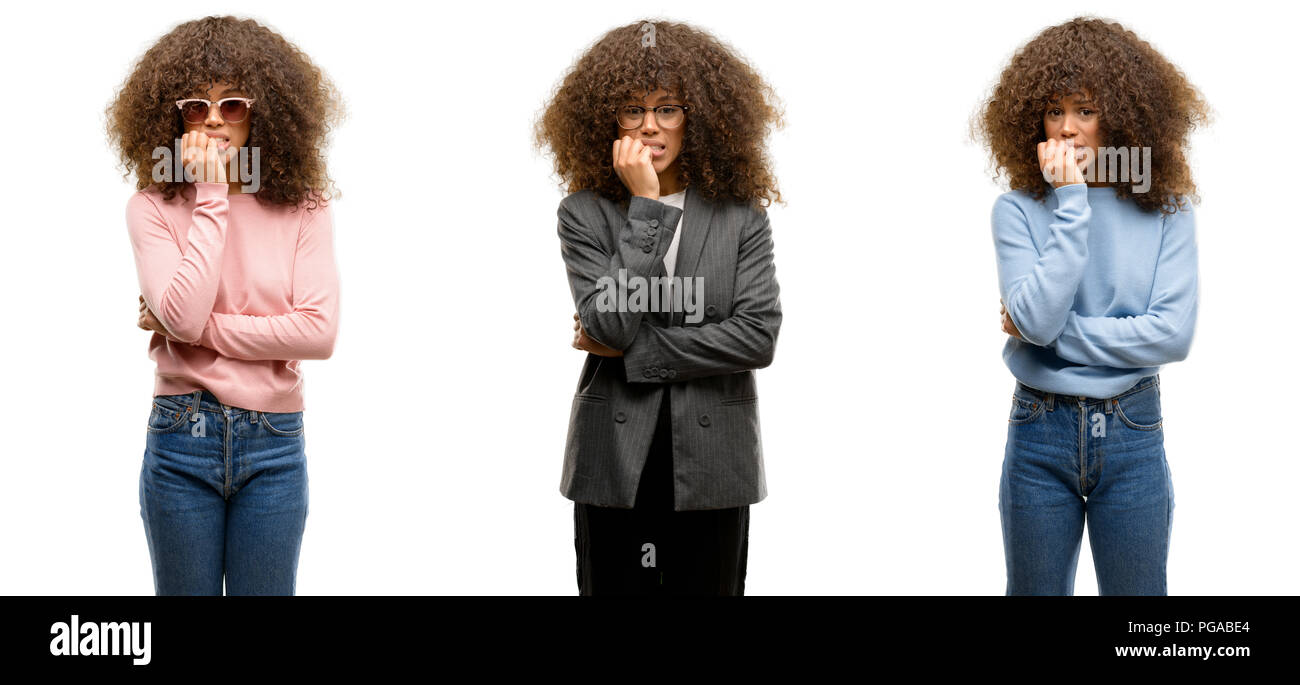 African american young woman wearing different outfits looking stressed ...