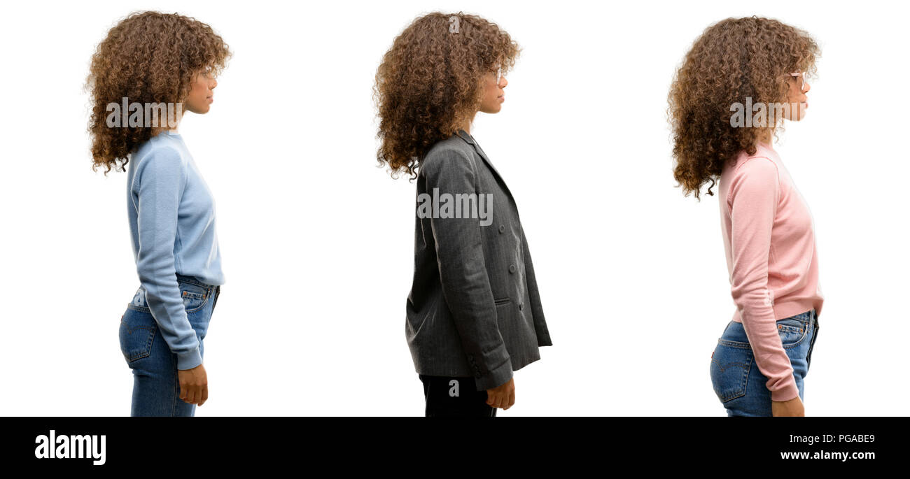 African american young woman wearing different outfits looking to side ...