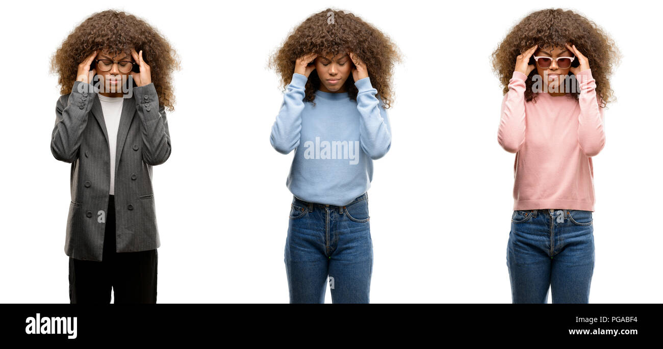 African american young woman wearing different outfits with hand on ...
