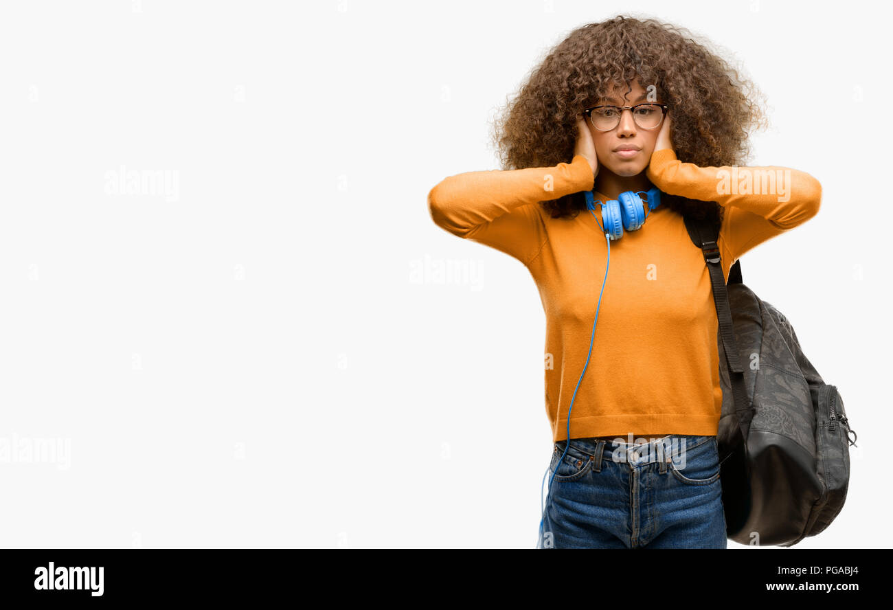 African american student woman covering ears ignoring annoying loud ...