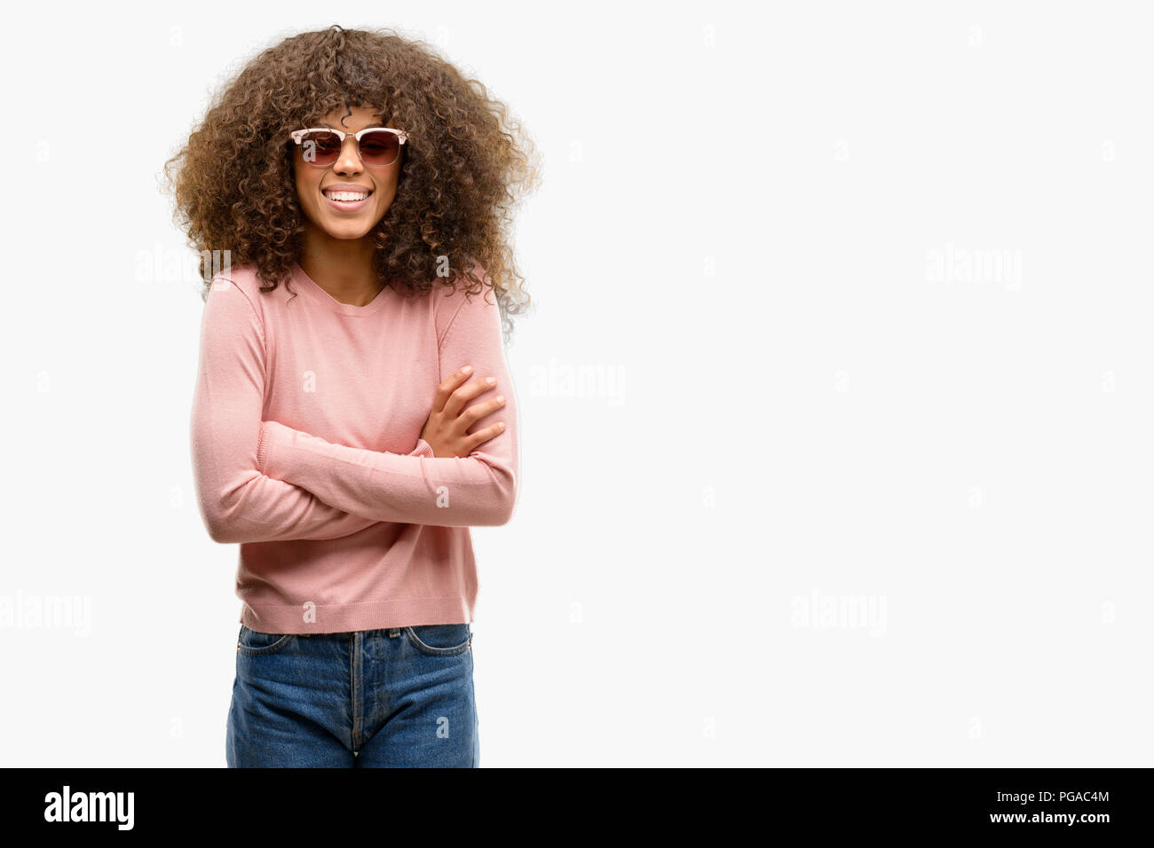 African american woman wearing pink sunglasses happy face smiling with ...