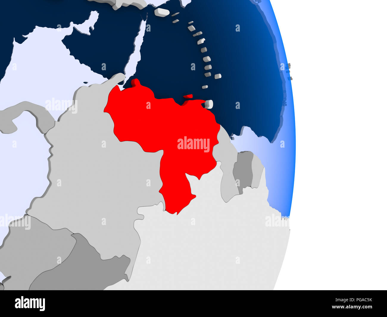 Venezuela in red on model of political globe with transparent oceans ...