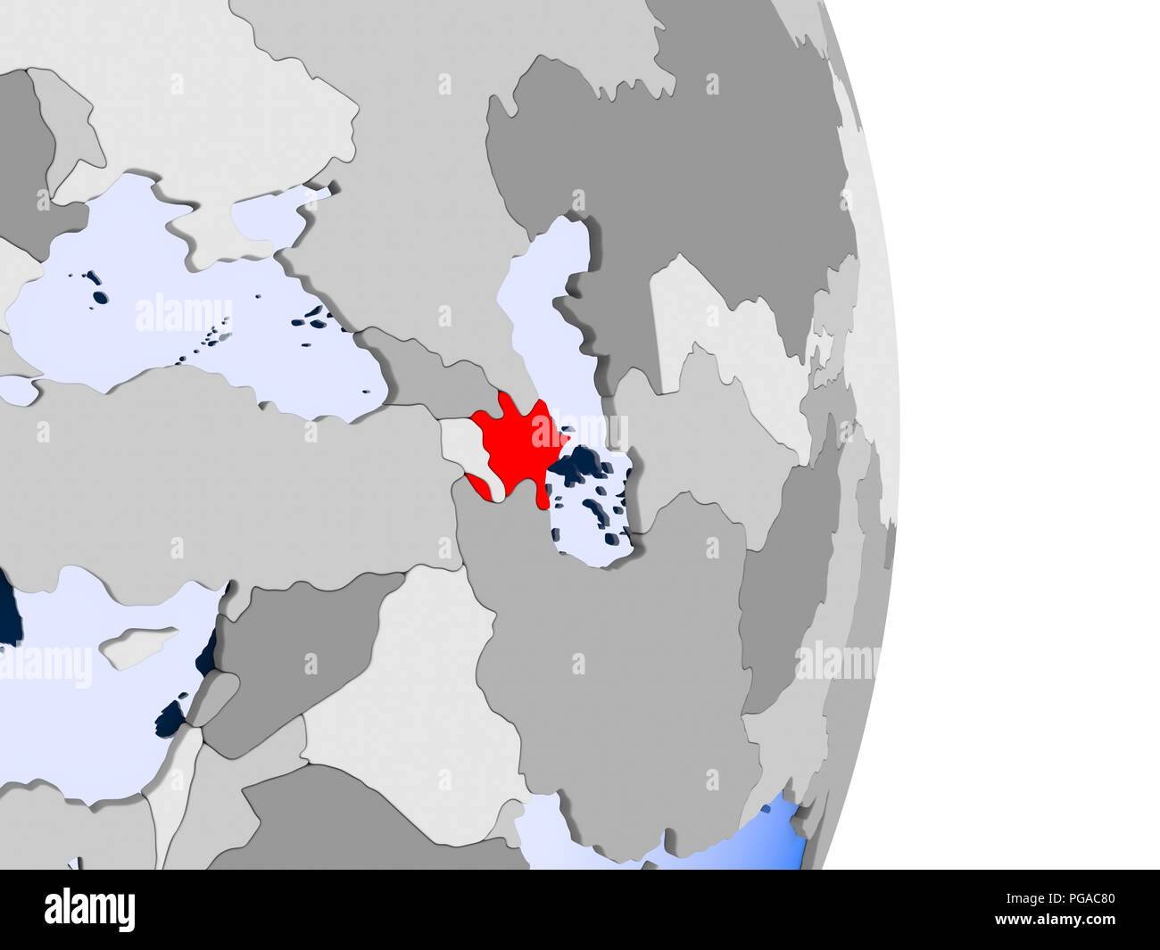 Azerbaijan in red on model of political globe with transparent oceans ...