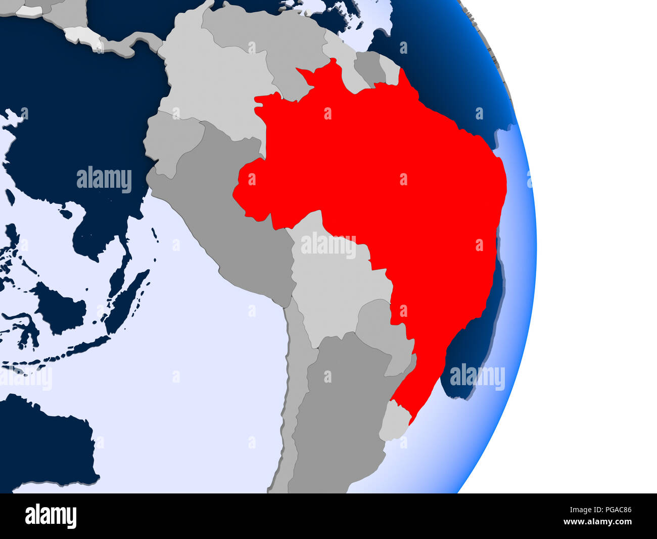 Brazil in red on model of political globe with transparent oceans. 3D ...