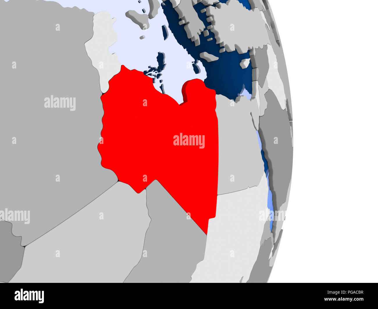 Libya in red on model of political globe with transparent oceans. 3D ...