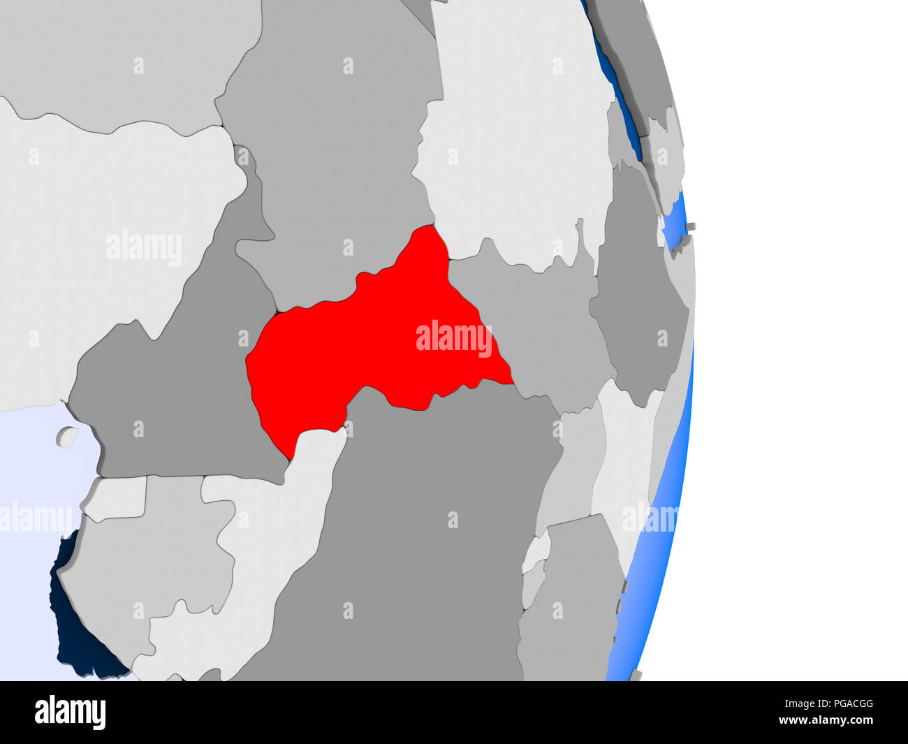 Central Africa in red on model of political globe with transparent ...