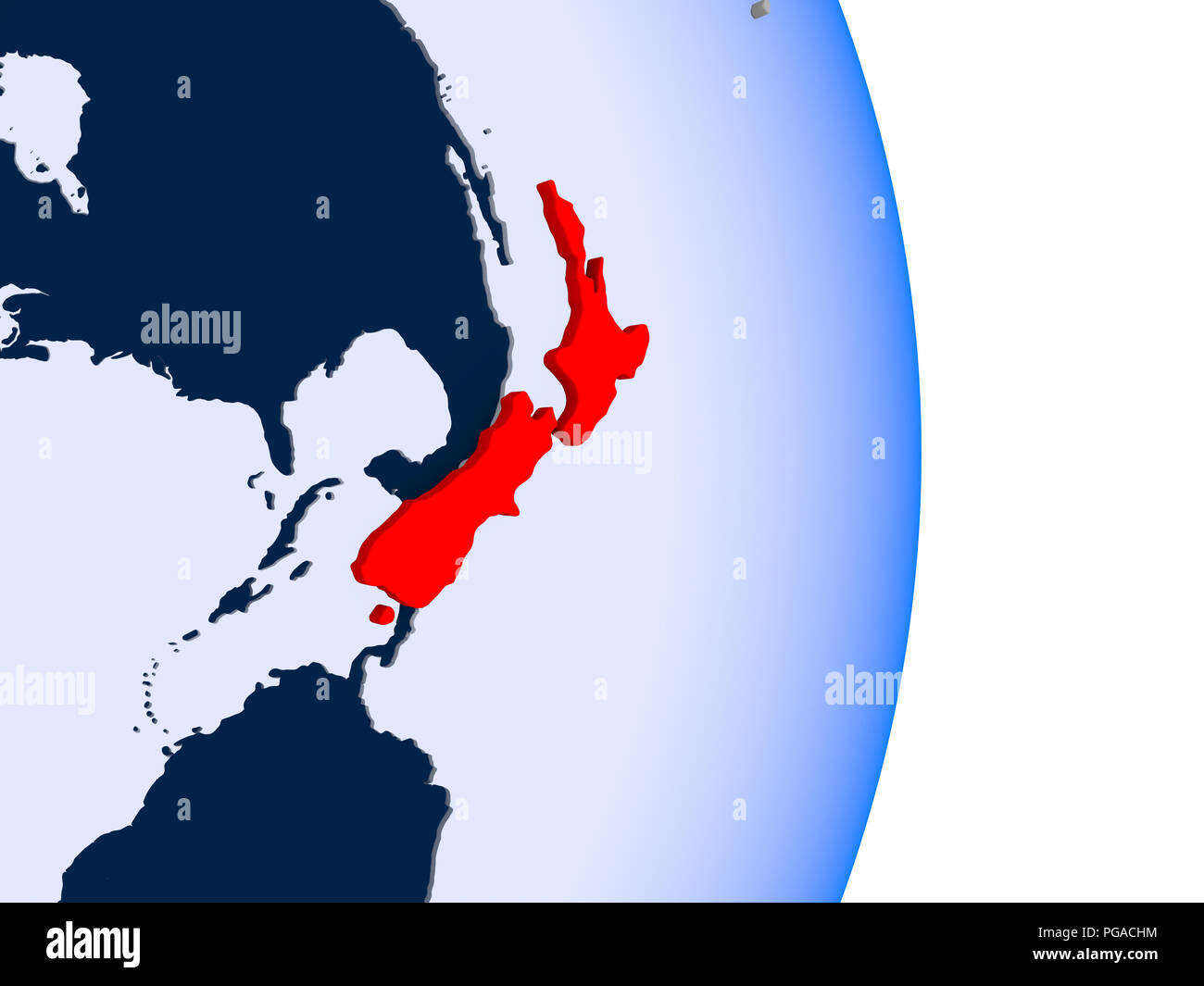 New Zealand in red on model of political globe with transparent oceans ...