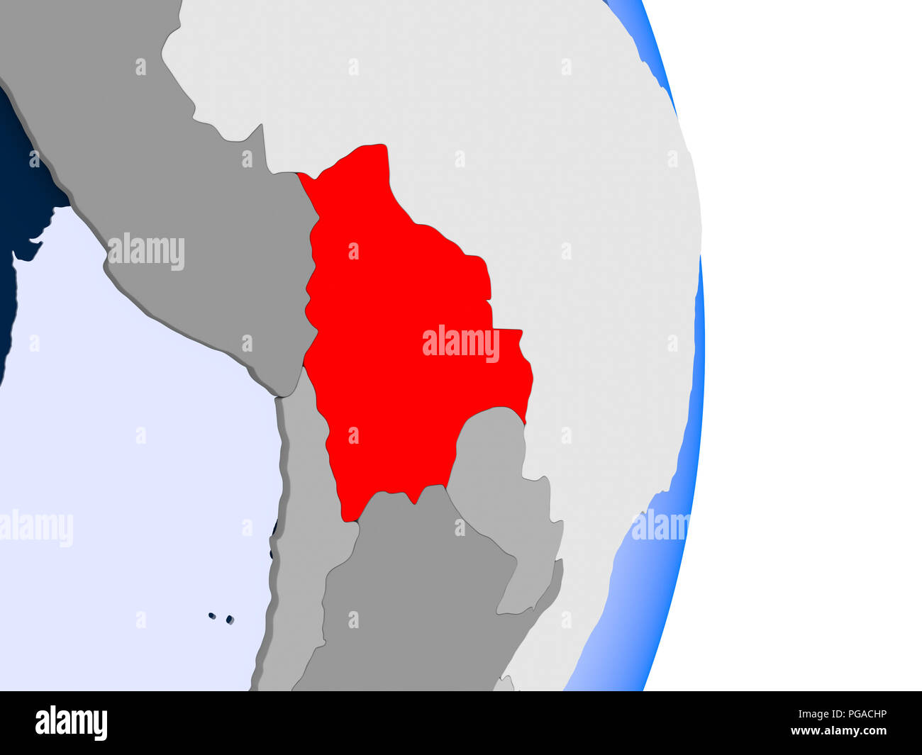 Bolivia in red on model of political globe with transparent oceans. 3D ...