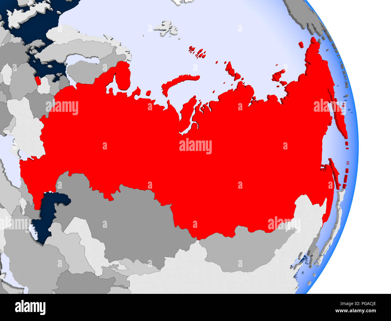 Russia in red on model of political globe with transparent oceans. 3D ...