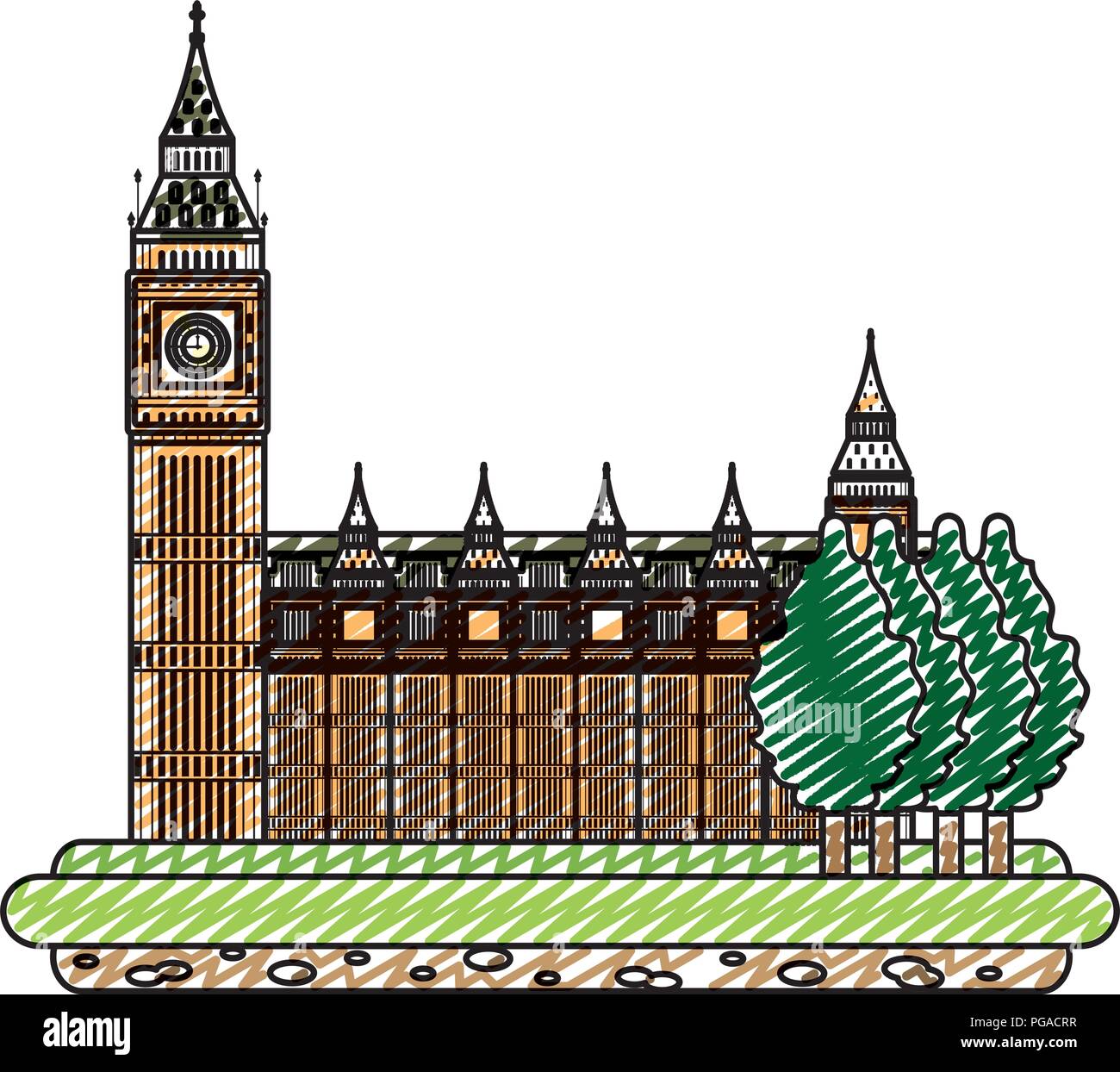 doodle london clock tower with trees landscape Stock Vector Image & Art ...