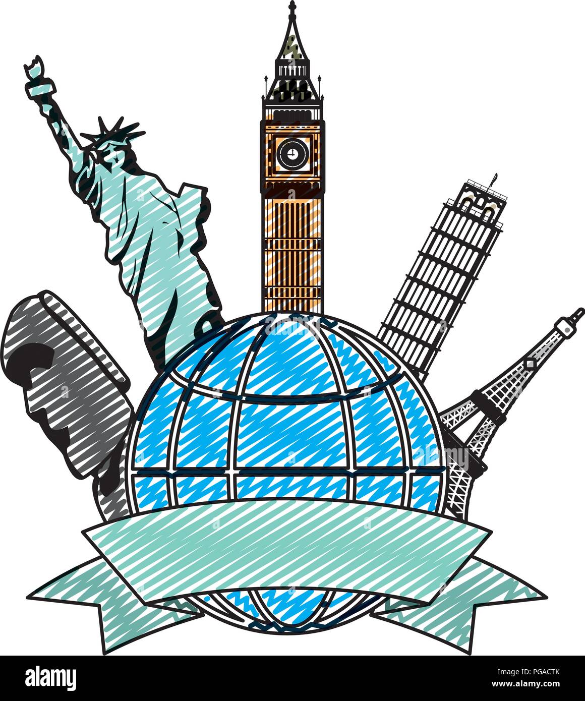 doodle medieval towers and sculptures architecture on the world Stock ...
