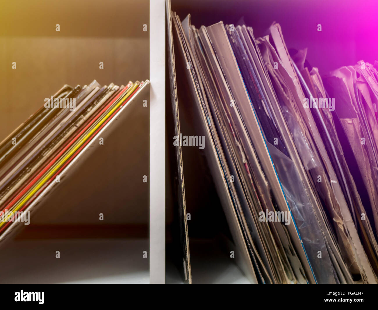 vinyl record collection rack shelf at home close up Stock Photo - Alamy