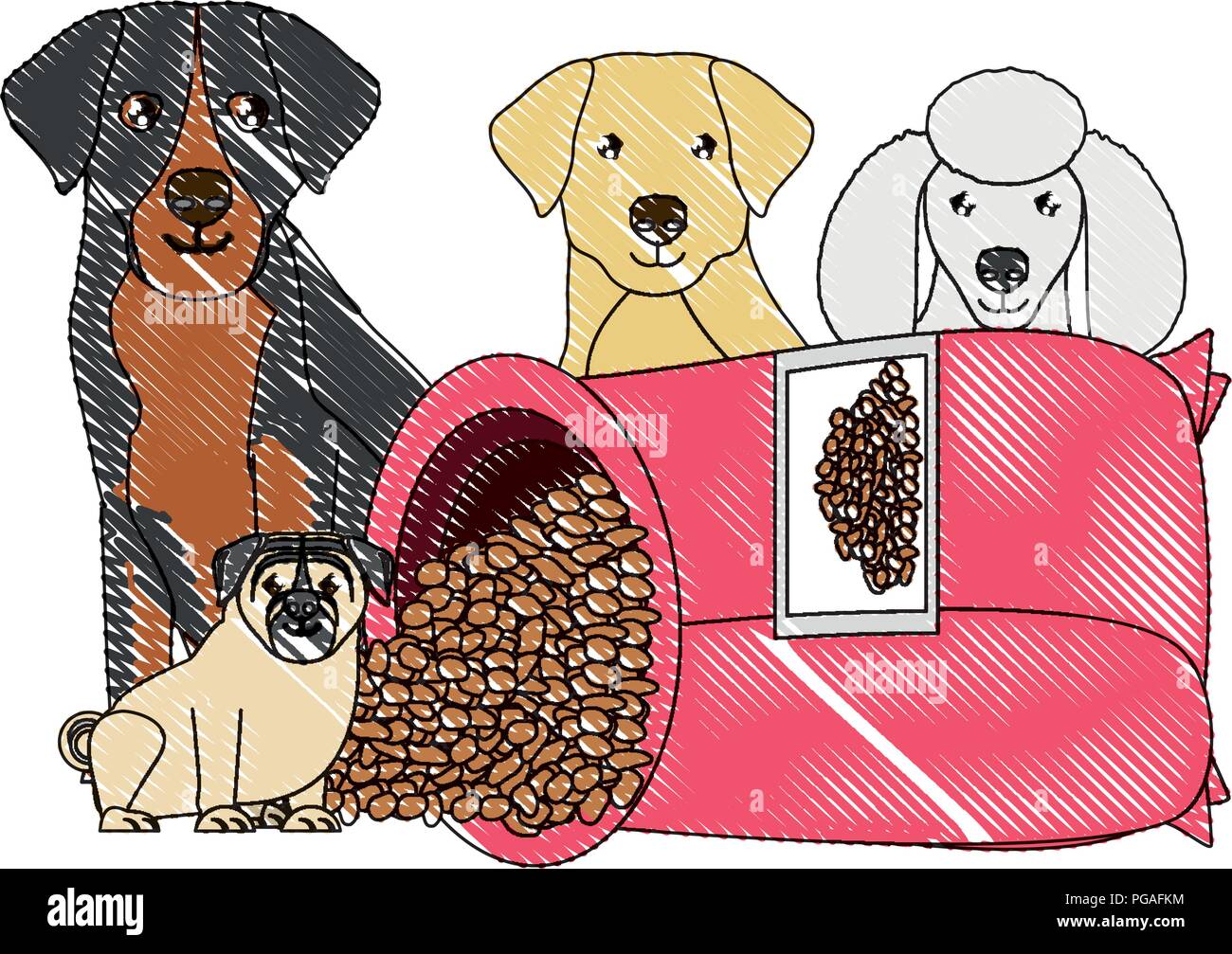 cute dogs and food bag over white background, vector illustration Stock ...