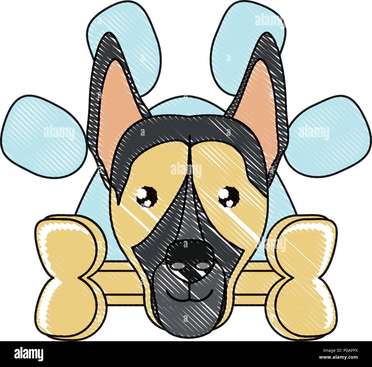 emblem with cute german shepherd and bone over white background, vector ...
