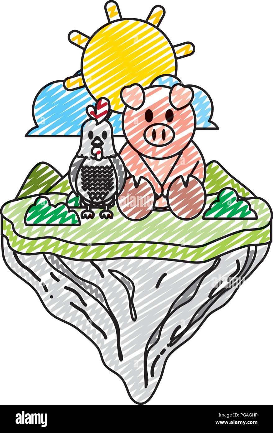 doodle rooster and pig friends in float island Stock Vector Image & Art ...