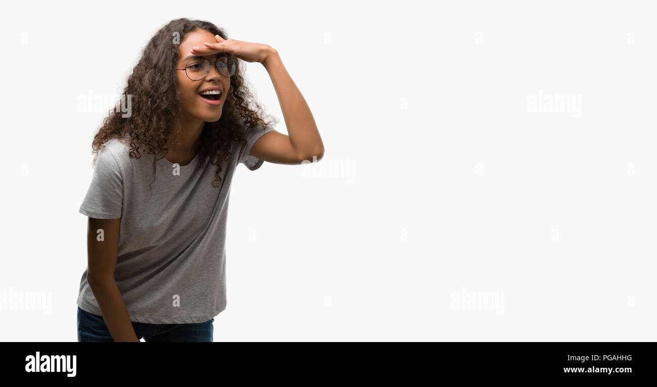 Beautiful young hispanic woman wearing glasses very happy and smiling ...