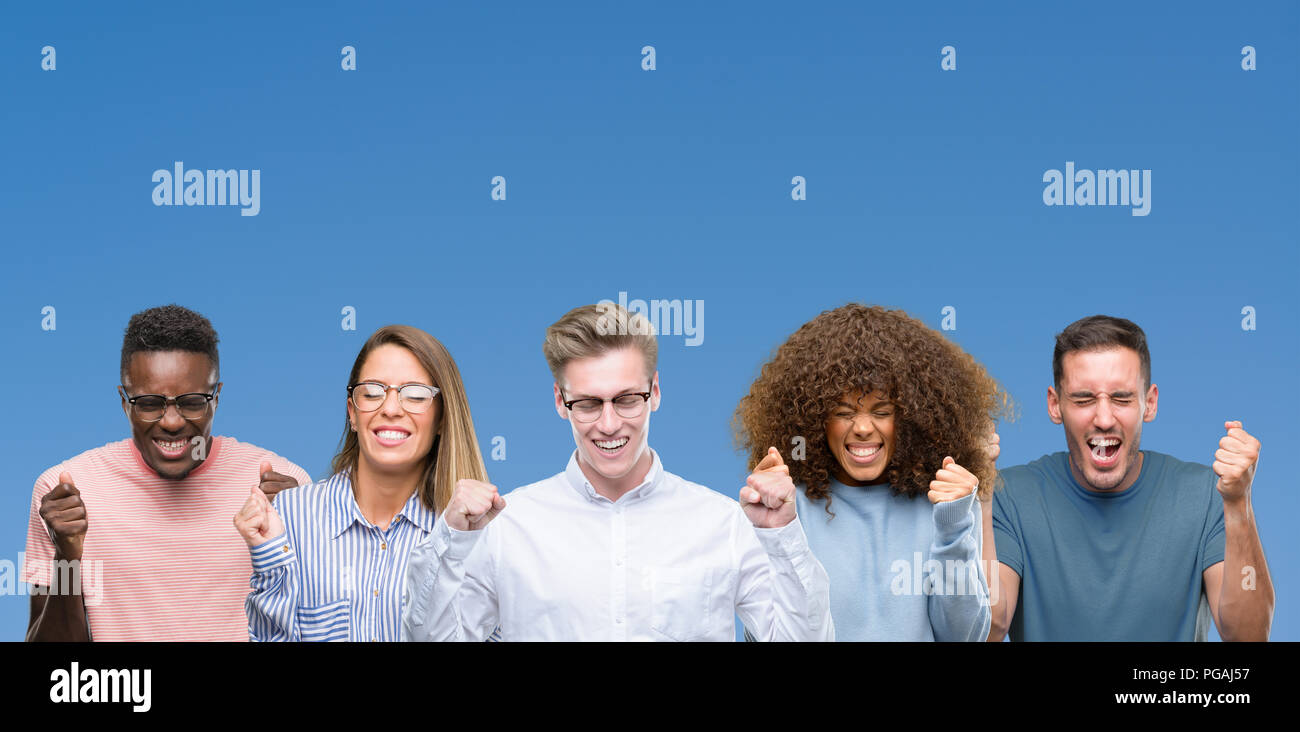 Composition of group of friends over blue blackground excited for ...