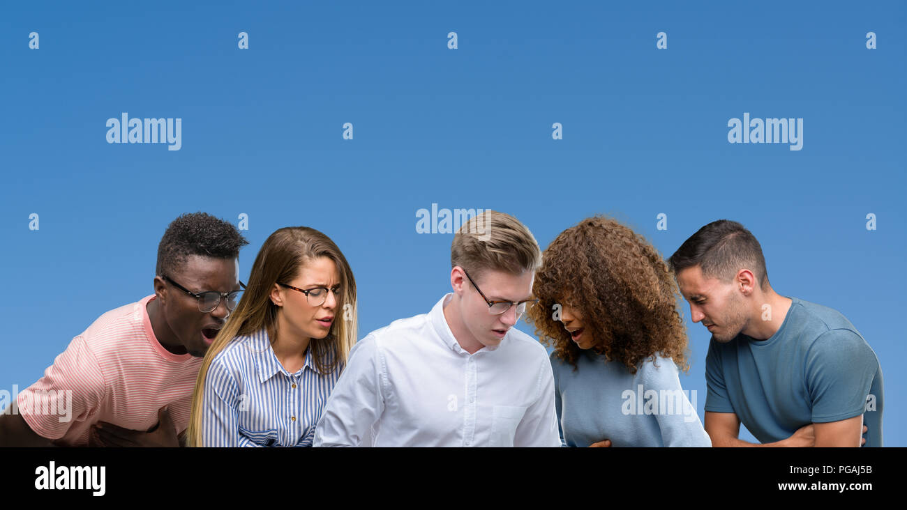 Composition of group of friends over blue blackground with hand on ...