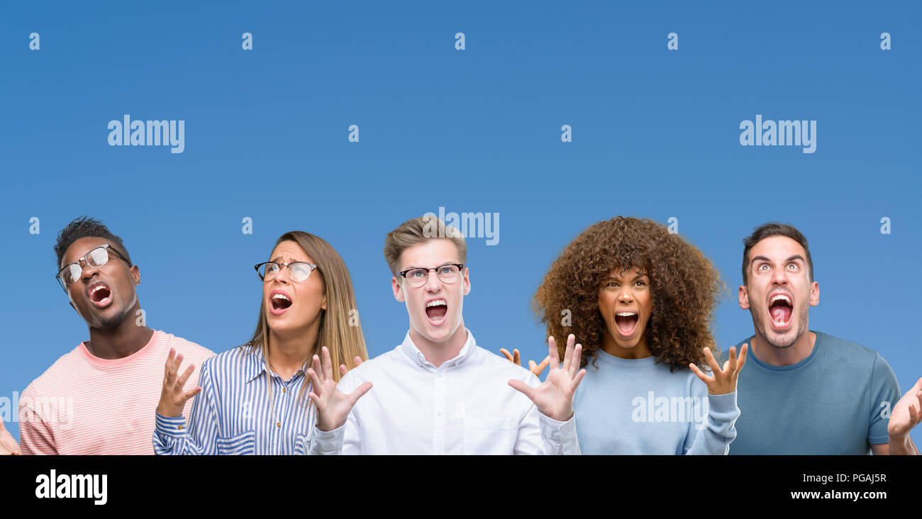 Composition of group of friends over blue blackground crazy and mad ...