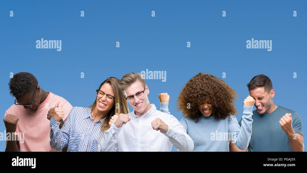 Composition of group of friends over blue blackground very happy and ...