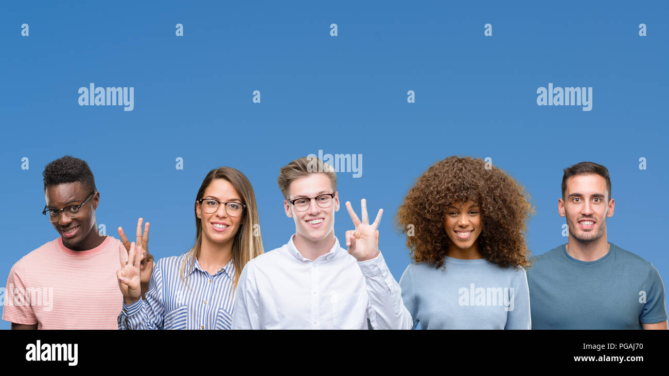 Composition of group of friends over blue blackground showing and ...