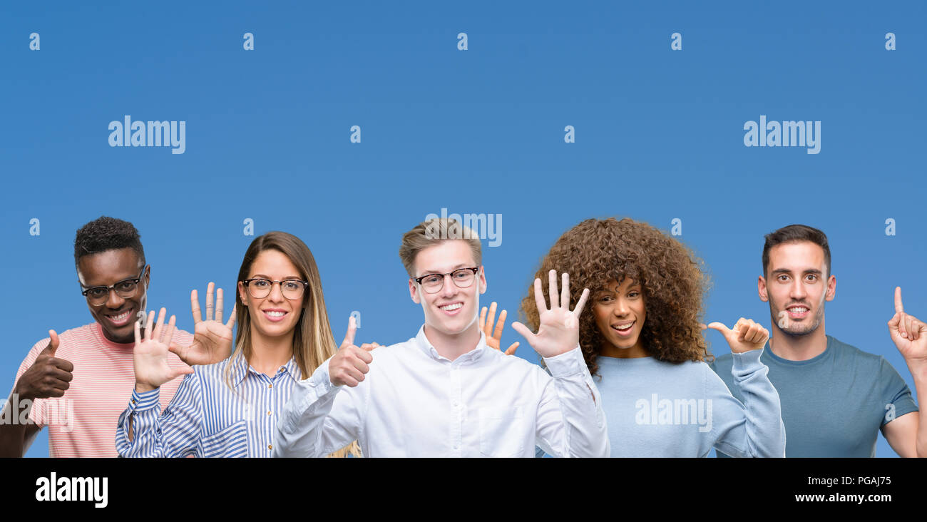 Composition of group of friends over blue blackground showing and ...