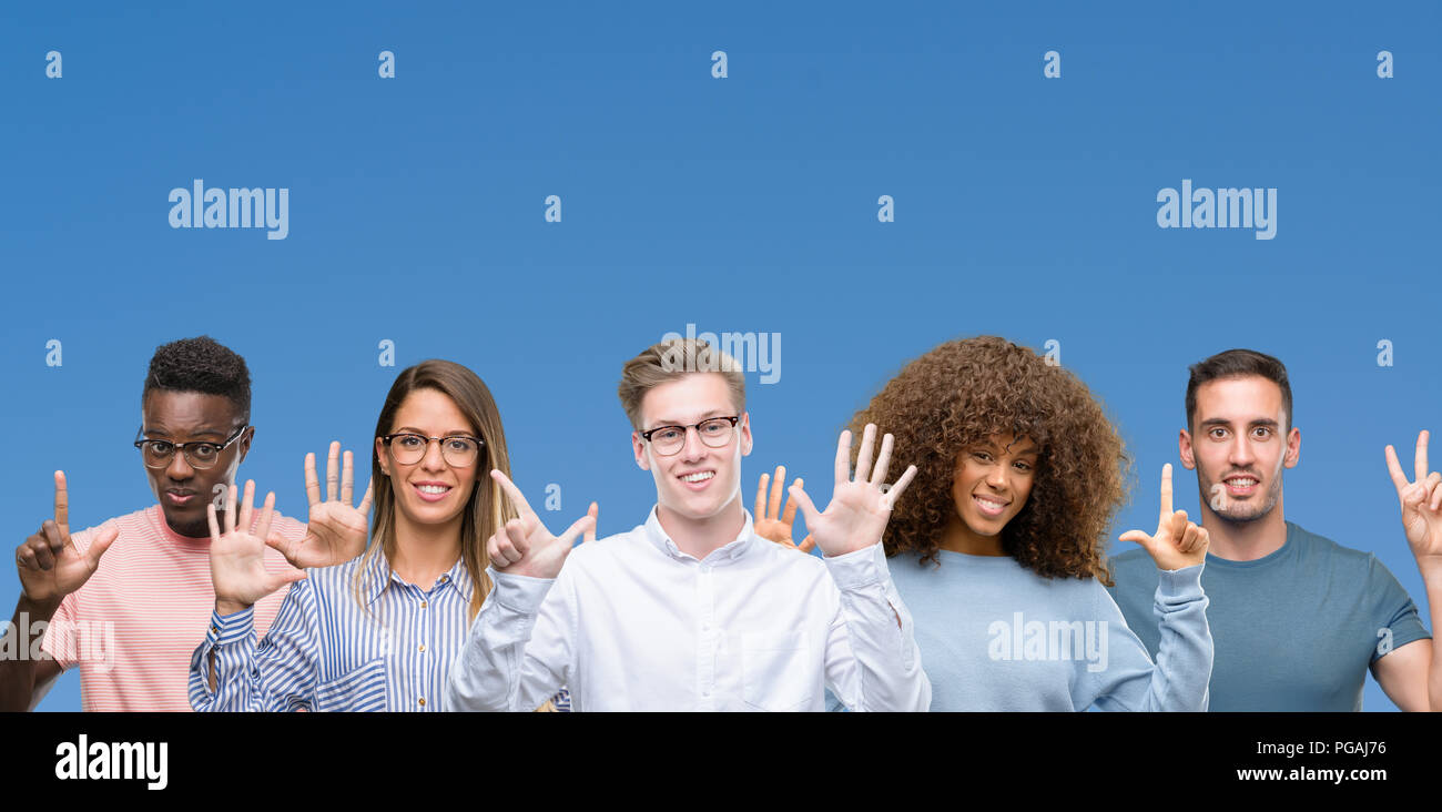 Composition of group of friends over blue blackground showing and ...