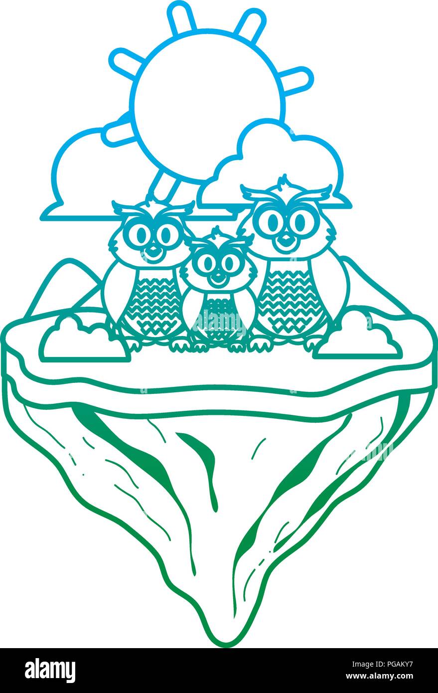 degraded line family owl animal in float island Stock Vector Image ...