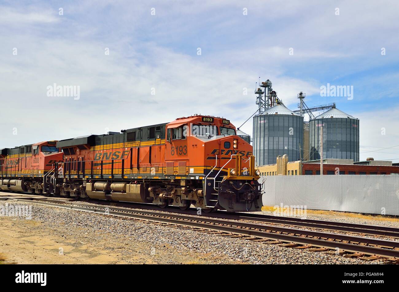 Kewanee, Illinois, USA. A Burlington Northern Santa Fe freight train on ...