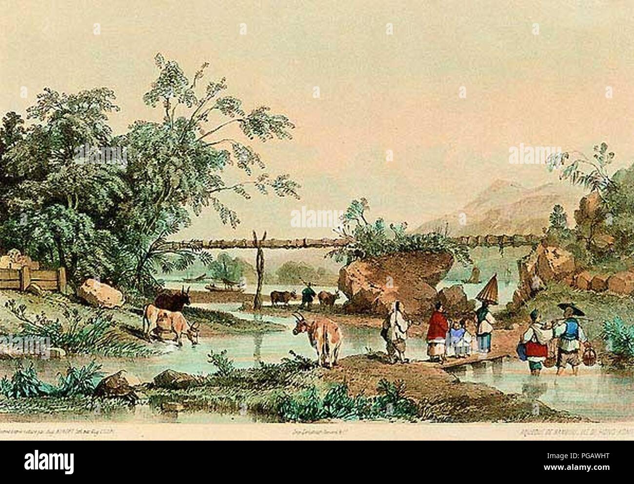 Auguste Borget's 'Bamboo Aqueduct Hong Kong' Lithographed by E. Ciceri ...