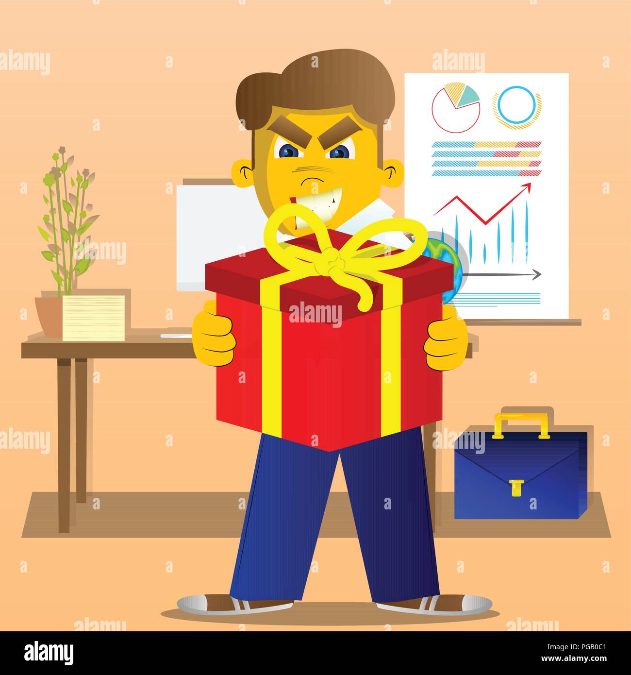 Yellow man holding big gift box. Vector cartoon illustration Stock ...