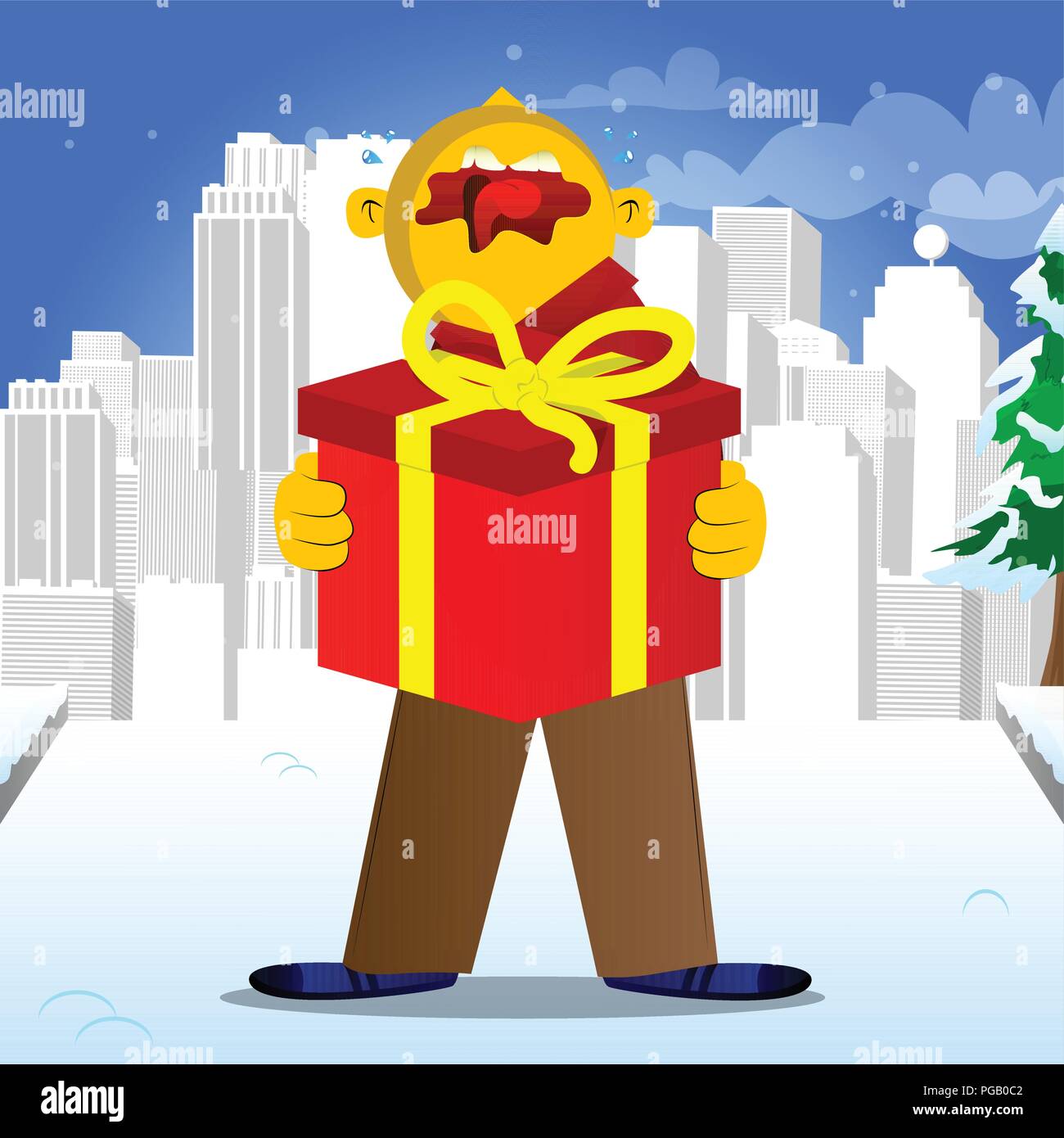 Yellow man holding big gift box. Vector cartoon illustration Stock ...