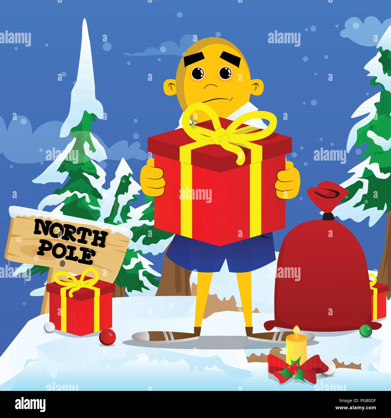 Yellow man holding big gift box. Vector cartoon illustration Stock ...