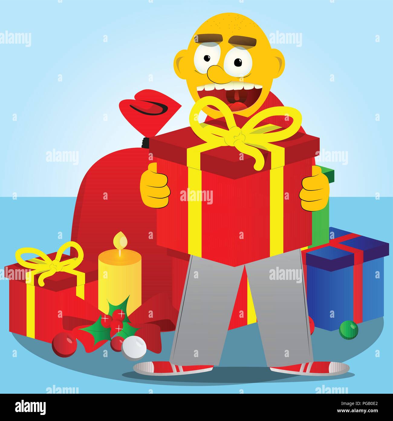Yellow man holding big gift box. Vector cartoon illustration Stock ...