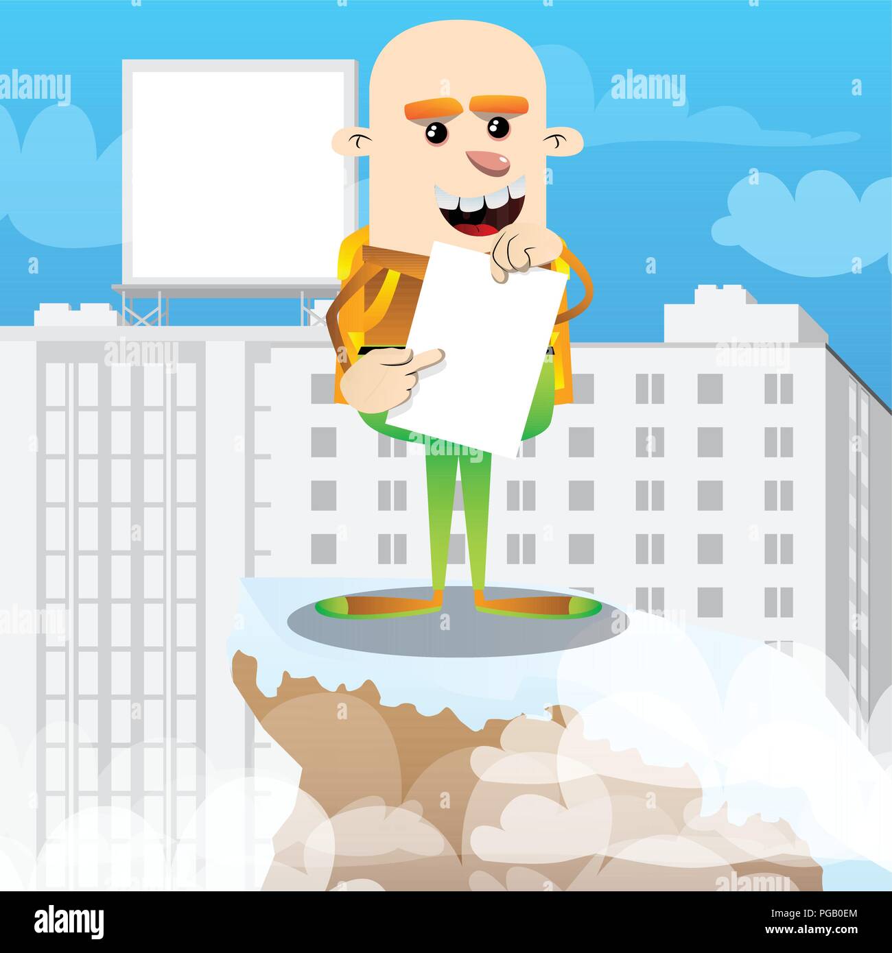 Schoolboy holding white paper and pointing at it. Vector cartoon ...