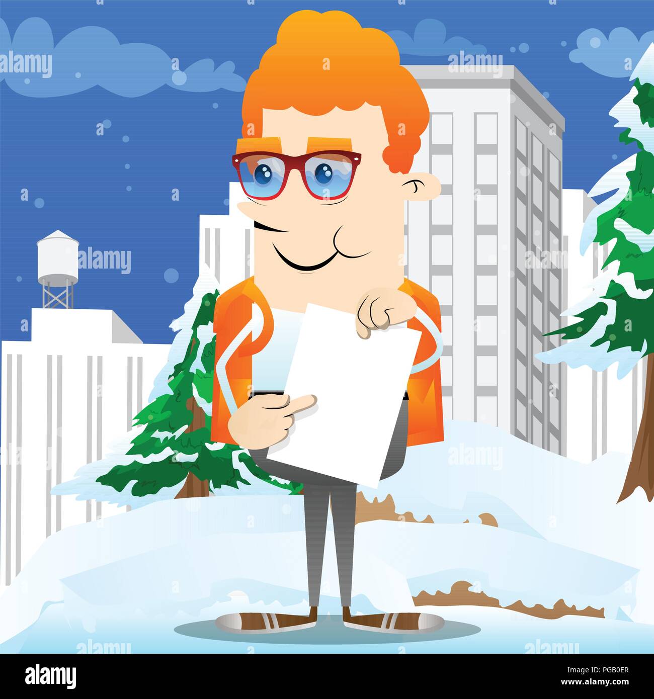 Schoolboy holding white paper and pointing at it. Vector cartoon ...