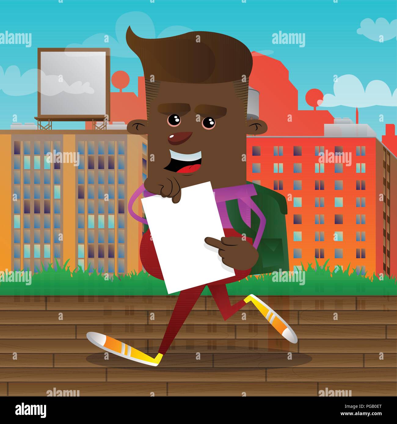 Schoolboy holding white paper and pointing at it. Vector cartoon ...