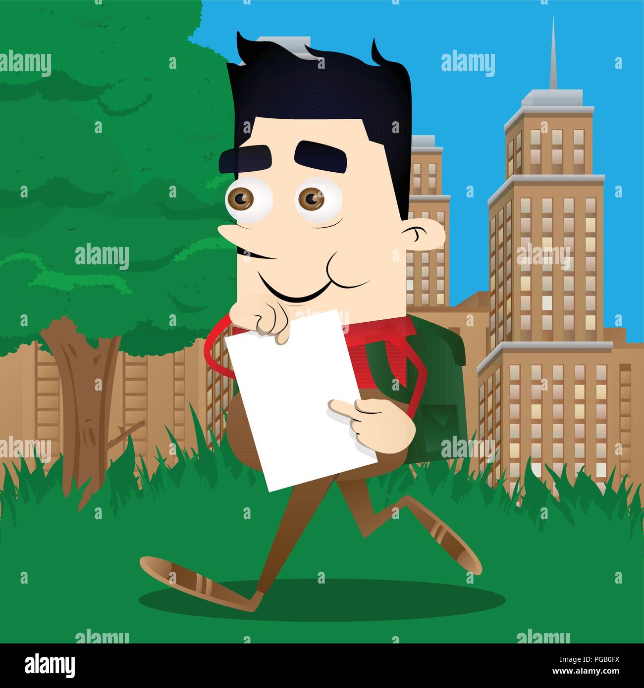 Schoolboy holding white paper and pointing at it. Vector cartoon ...