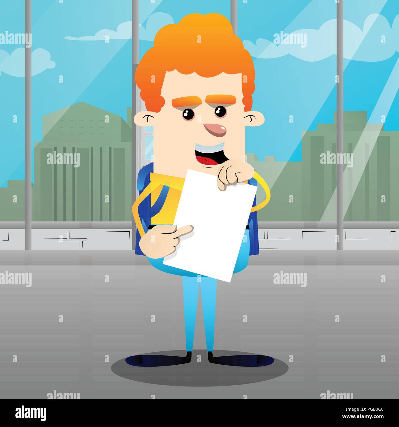 Schoolboy holding white paper and pointing at it. Vector cartoon ...