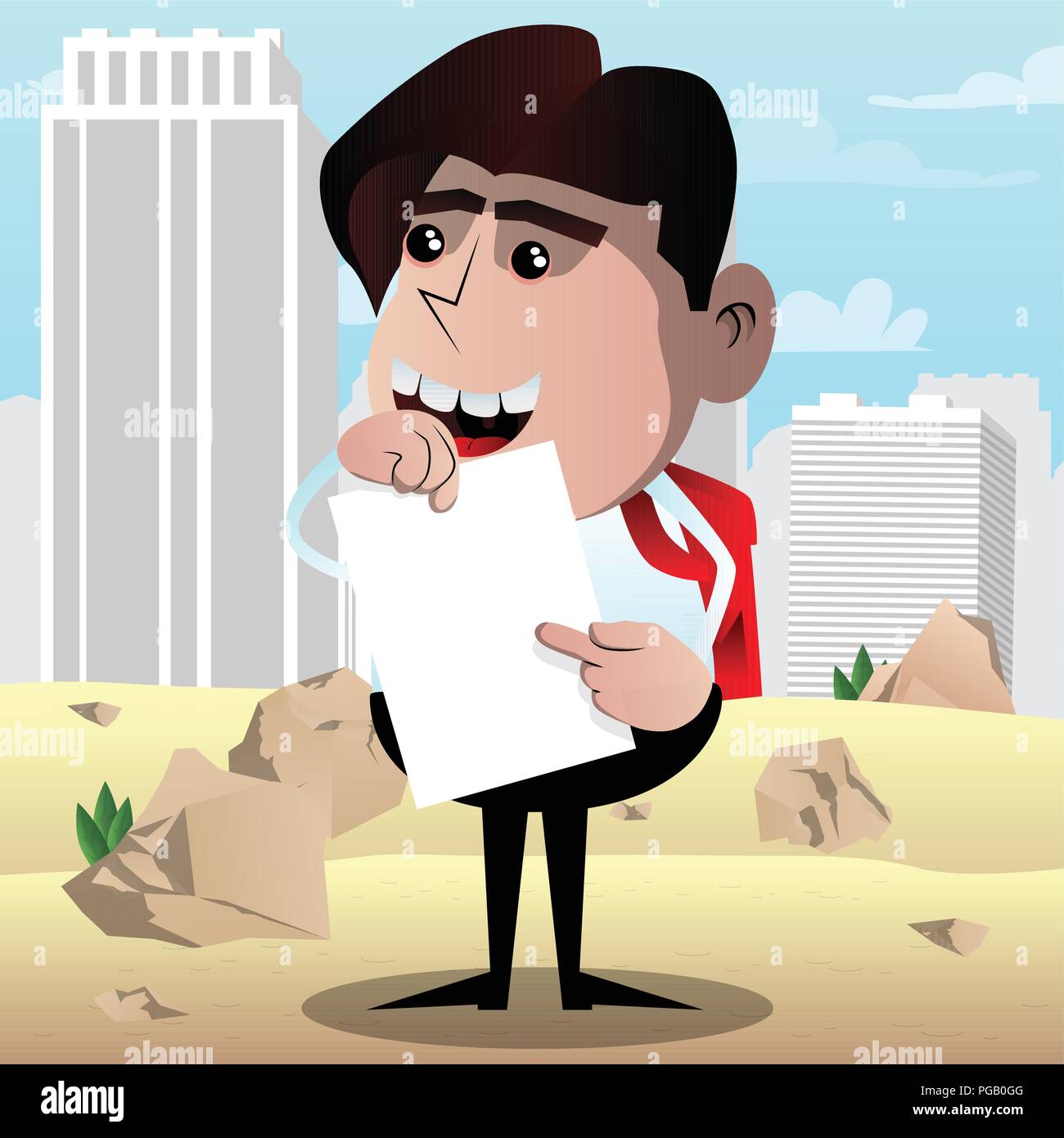 Schoolboy holding white paper and pointing at it. Vector cartoon ...