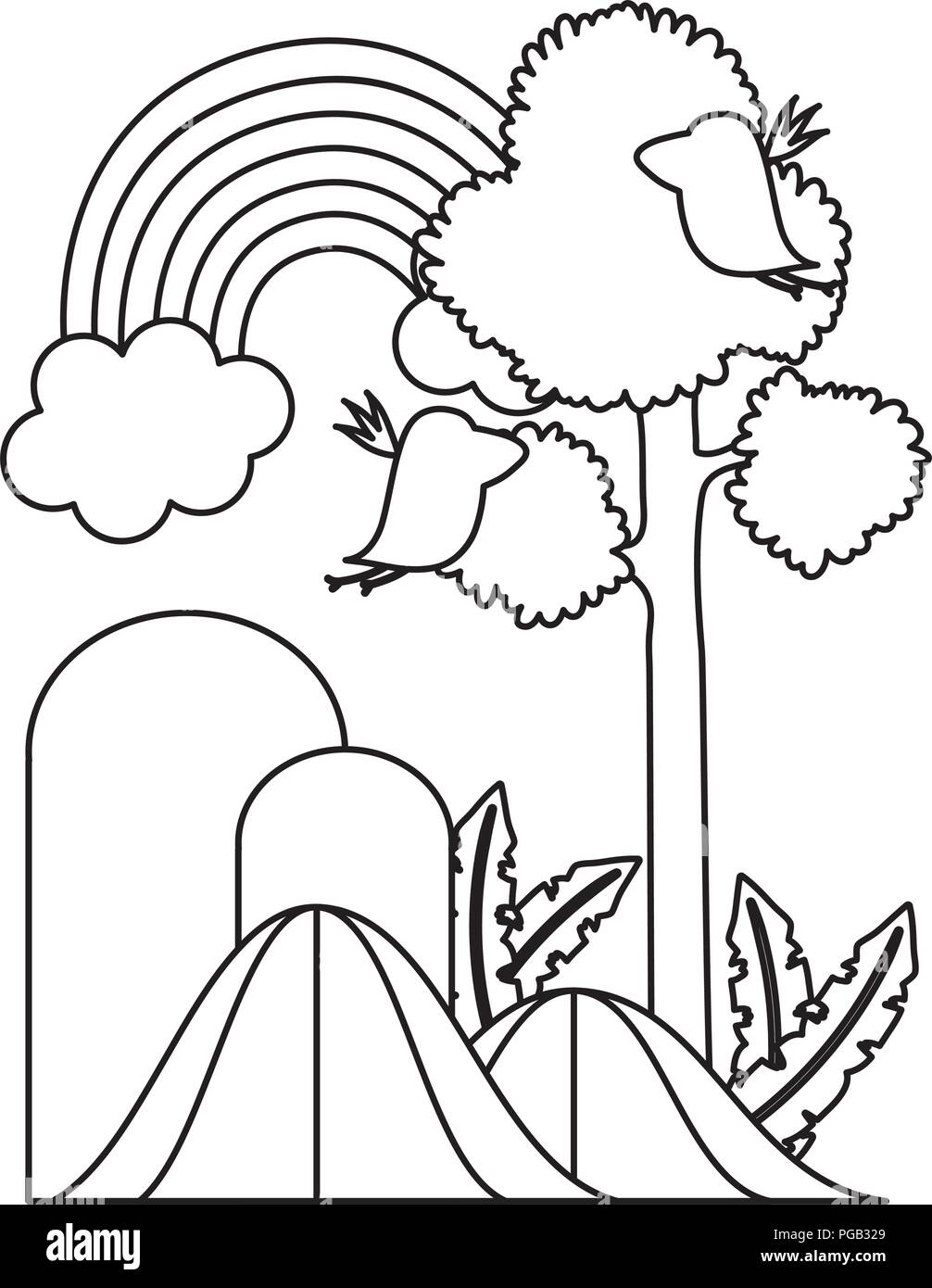 line natural tree and mountains with rainbow landscape Stock Vector ...