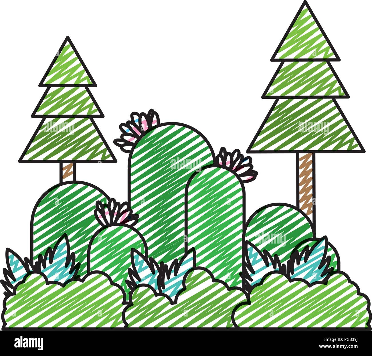 doodle nature exotic mountains and trees landscape Stock Vector Image ...