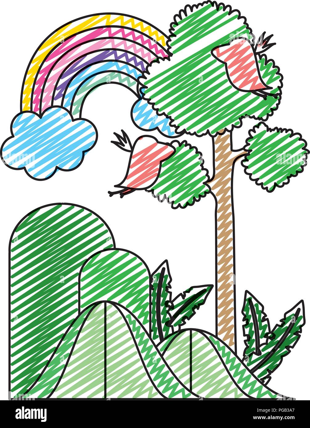 doodle natural tree and mountains with rainbow landscape Stock Vector ...