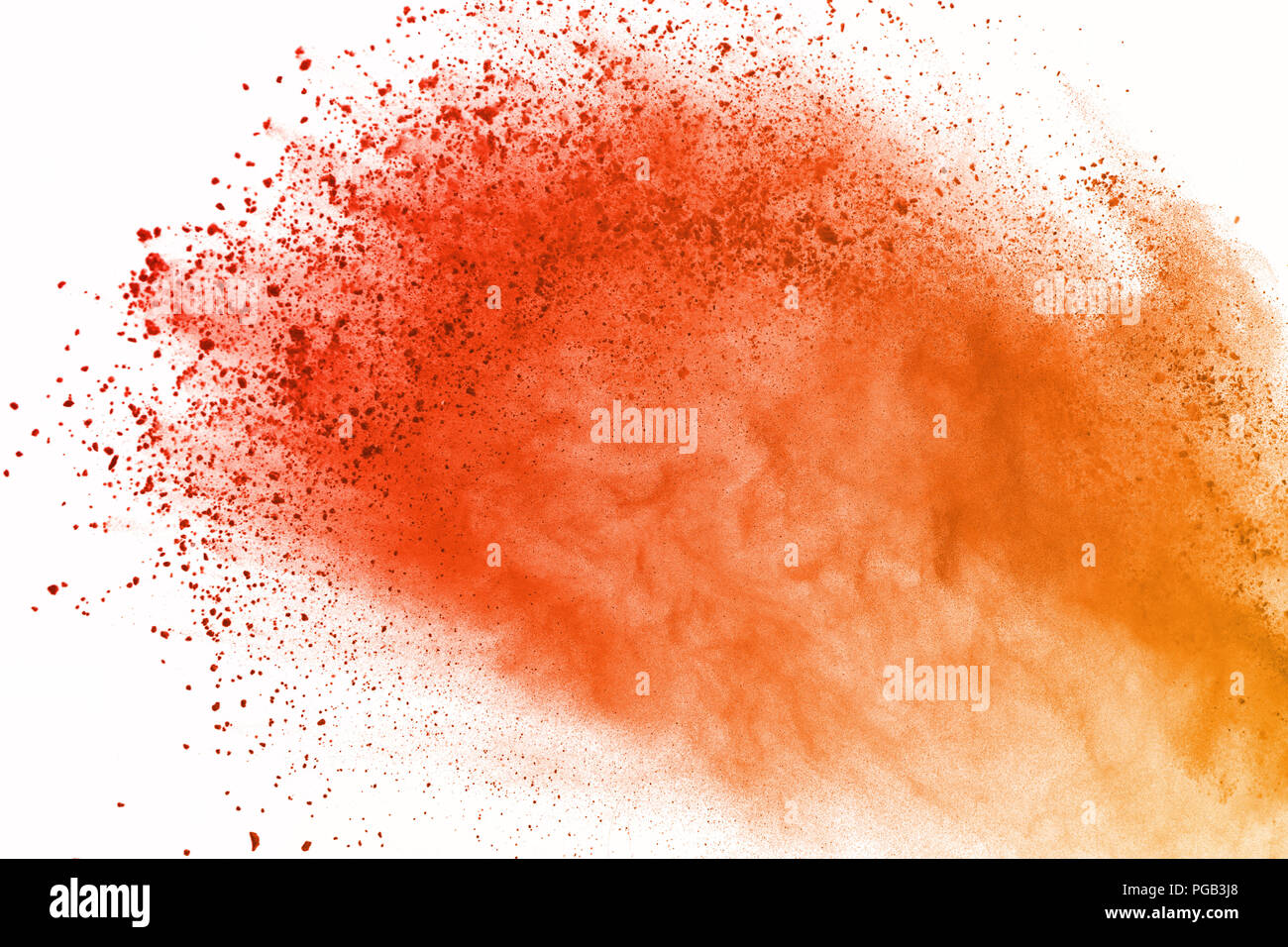 Abstract of colored powder explosion on white background. Orange powder ...