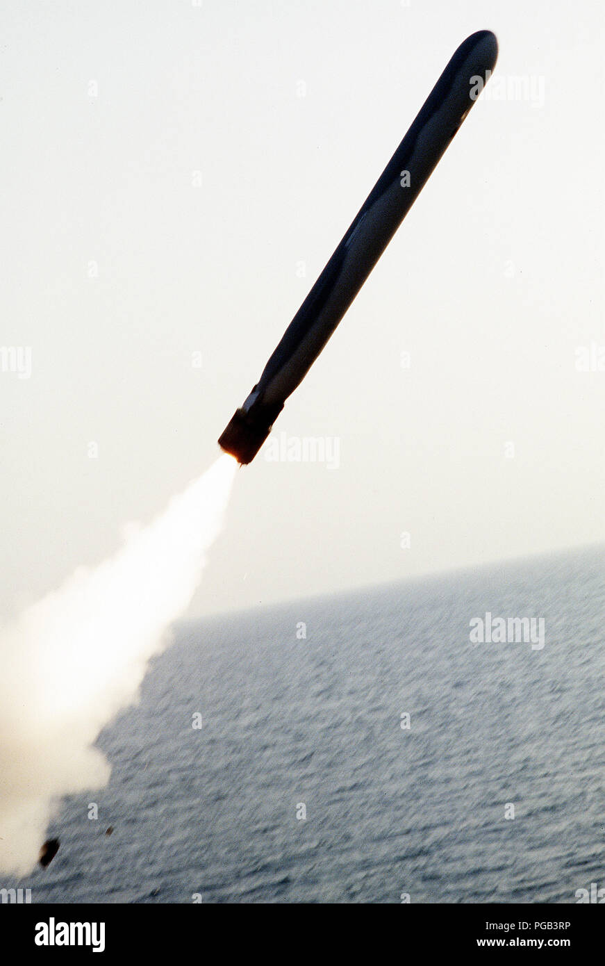 A BGM-109 Tomahawk land-attack missile (TLAM) takes to the air after ...