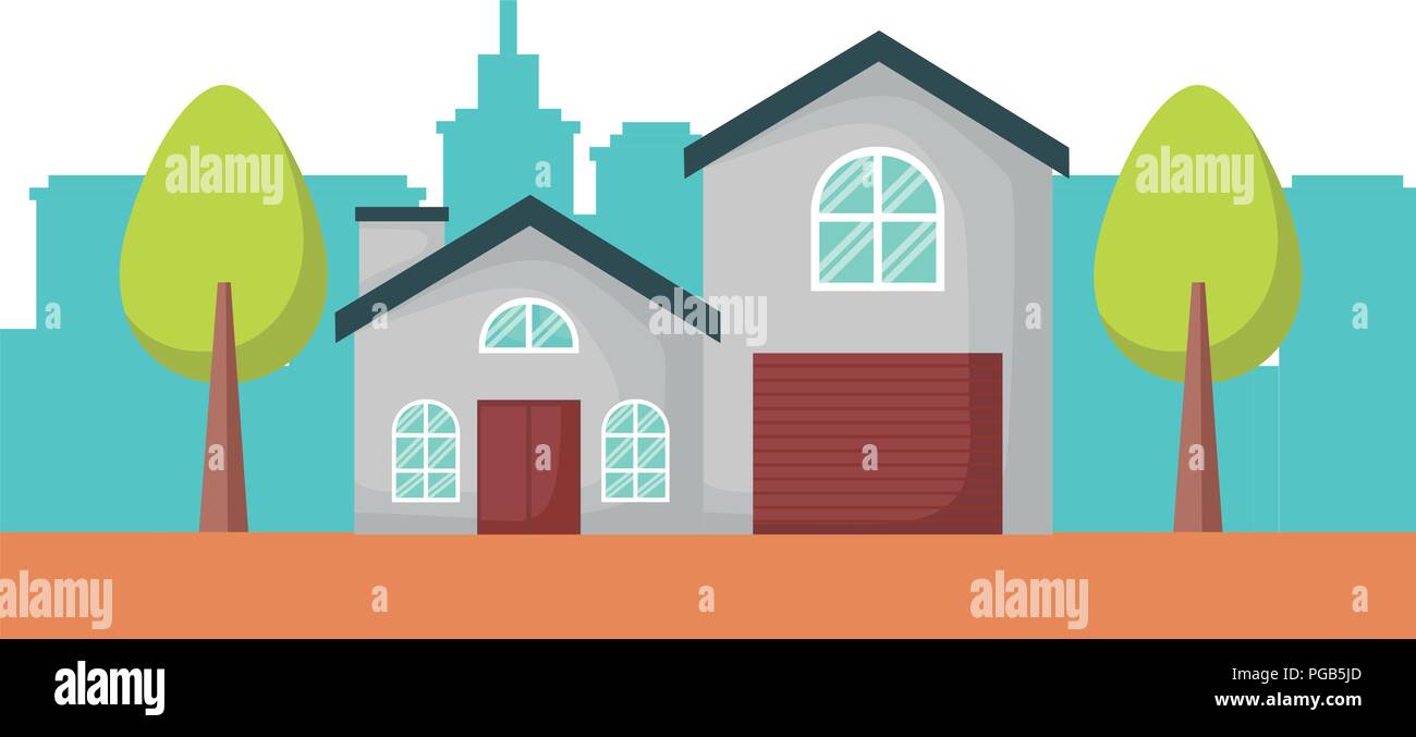 city landscape with modern house and trees over white background ...