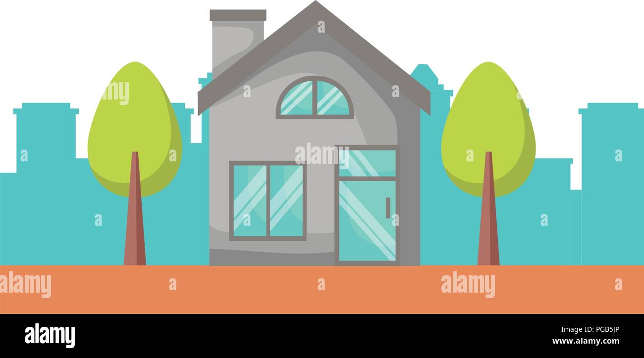 city landscape with modern house and trees over white background ...