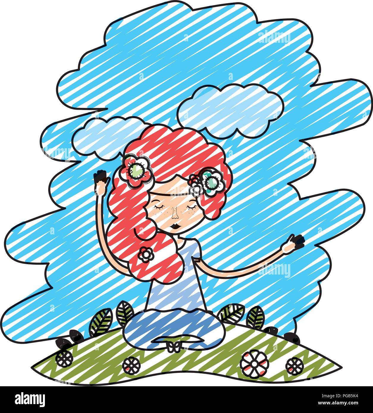 doodle hippie woman relax meditation in the landscape Stock Vector ...