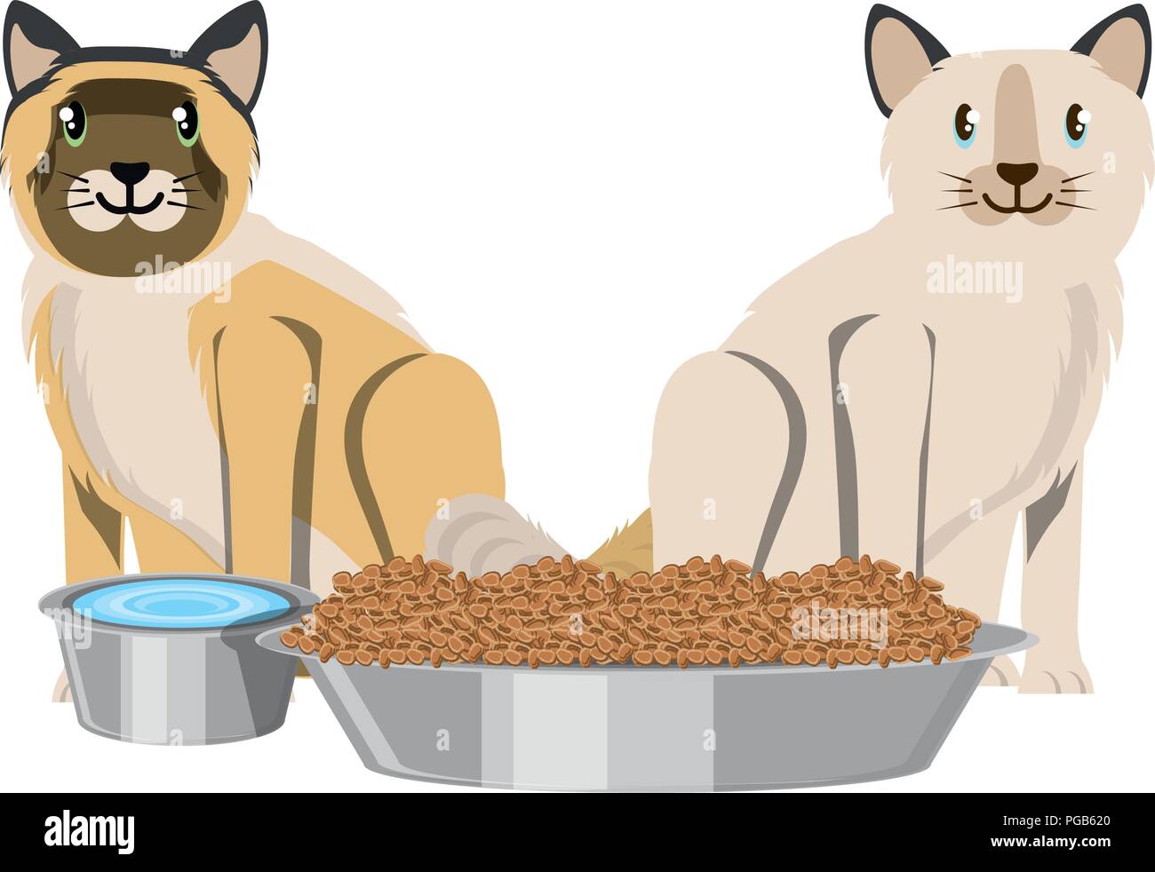 cute cats with food bowls over white background, vector illustration ...