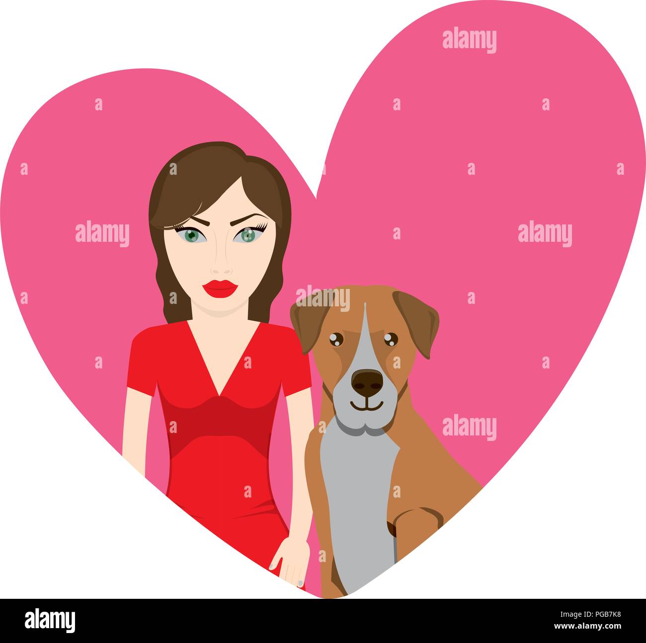 heart with cute boxer dog and woman over white background, vector ...